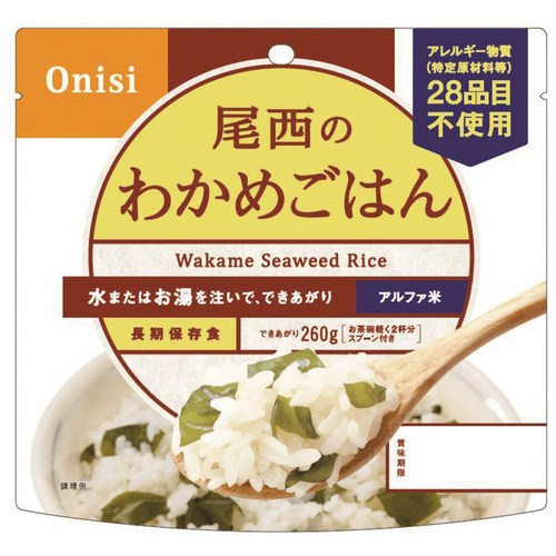 ・商品名：アルファ米 わかめごはん 100g 50袋【スプーン付】 ・外形寸法（幅）[mm]：422　 ・外形寸法（奥）[mm]：307　　 ・外形寸法（高）[mm]：198 ・質量[kg]：6.4 ・内容量：100g ・カロリー：361k...
