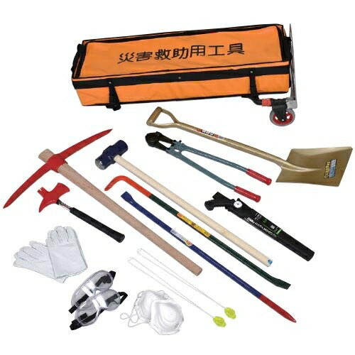 ・商品名：災害救助工具セットC（カート式） ・寸法（幅）[mm]：300 ・寸法（奥）[mm]：170 ・寸法（高）[mm]：1003　　　 ・質量：27kg ・セット内容：テコバール900mm、平バール900mm、両口ハンマー900mm（...