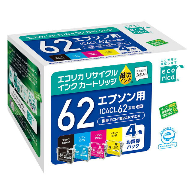 ● 商品の詳細EPSON/エプソン IC4CL62 4色パック 【リサイクルインクカートリッジ】PGK：107×75×58mm　質量：125.6g ● 配送方法・送料・お支払方法・配送方法　宅配便 ・送料　　　　無料 ※沖縄・離島・一部地域...