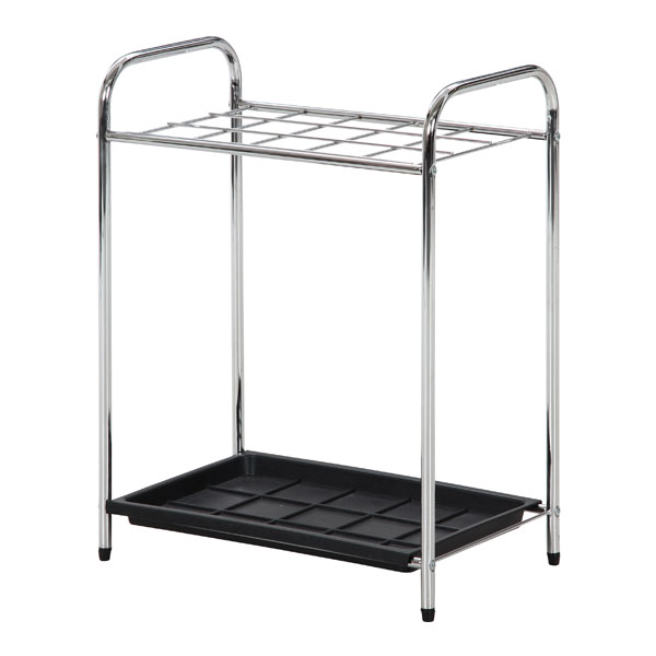 ■ 商品スペックシンプルな金属製の傘立て。傘を15本立てることができます。サイズW475×D285×H620mm1マス：80×75mm重量1.7kg材質本体：鋼(クロム)トレー：ポリプロピレン形態お客様組立品※ルート配送の為、時間指定はでき...