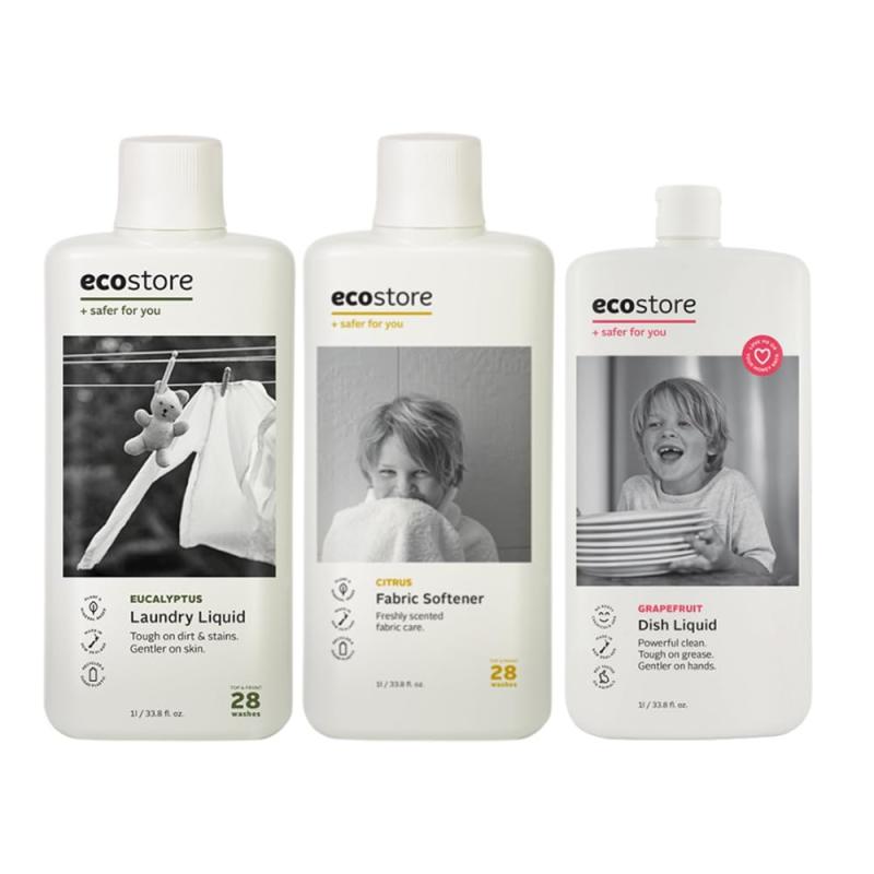 ecostore(エコストア) トライアルキット 洗濯洗剤 柔軟剤 食器用洗剤 セット ランドリーリキッド ユーカリ 1L ファブリックソフナー シトラス 1L ディッシュウォッシュリキッド グレランドリーリキッドユーカリ1L：濃縮タイプの...