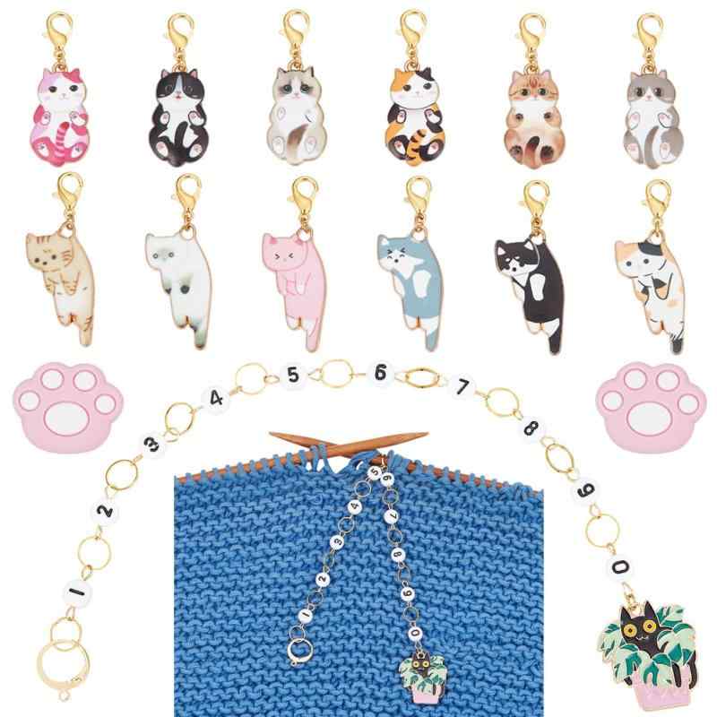 猫段数マーカー ステッチマーカー 合金＆エナメル シリコン棒針キャップ 段かぞえマーカーセット