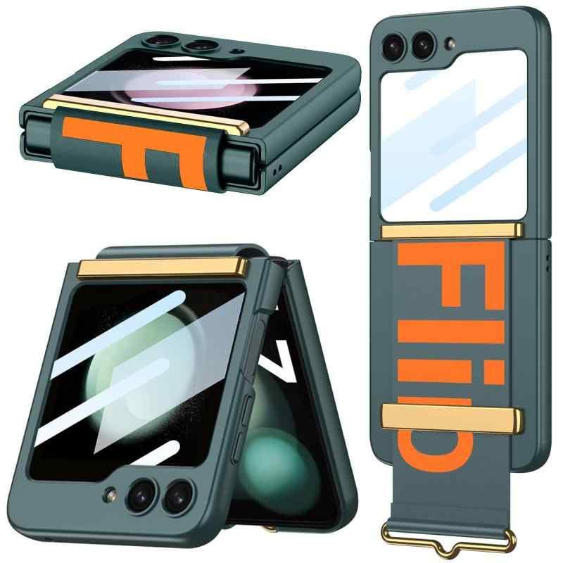 適応galaxy z flip 7 FE 2025/flip6 ケース [SC-54E|SCG29] 格納式リストバンド 折りたたみ おしゃれ 男女兼用 人気 PC+PUレザー 液晶保護フィルム付き 純正 軽量 耐衝撃 ヒンジ保護 ワイヤレ...