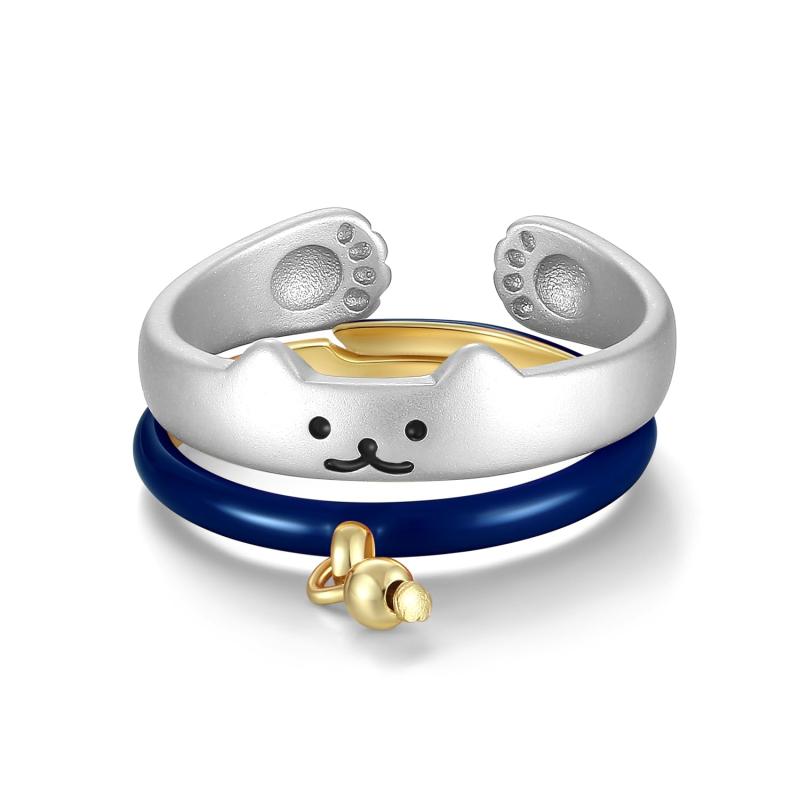[] 猫 指輪 セット レディース ゴールド ブルー 可愛い 指輪 サイズ調整 プレゼント
