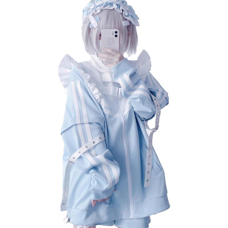 [] 水色系統 3点セット 上下セット 天使界隈 地雷系 セットアップ ジップアップ パーカー レディース 服 メンズ 長袖 半袖 2Way 春 夏 秋 冬 ス ボトムス コート 短パン 3点セット：「ス」＋「ボトムス」＋「レッグウォーマー...