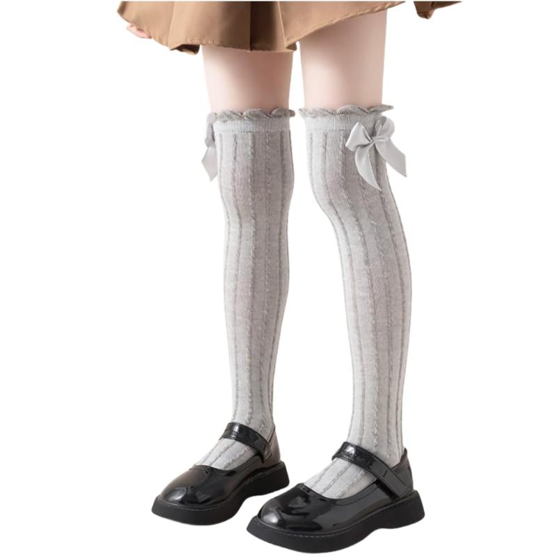 [] 靴下 ニーハイソックス キッズソックス 女の子用靴下 子供 女の子 小学生 ハイソックス 約42cm 弾力性 通気性 快適 発表会 無地系 ロリータ リボン 蝶結び 春夏秋 3～12歳🌸上品な材質：綿75.9％，ポリエ...