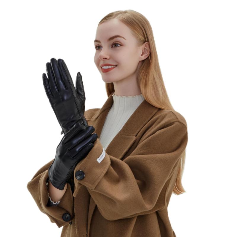 [] 手袋 レデイーズ レザーグローブ バイク グローブ 革 スマホ対応 通勤 通学 プレゼント 冬 レザー 女性 羊革 裏起毛 暖かい 防寒 ちょうむすび付き手袋 ブラック 柔らかく上質な本革材質高品質な羊革で革のキメが細く、なめらかな手...