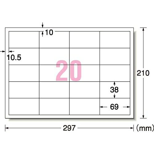 ●OAシートラベル（コピー機用）●総厚：130μm●ラベル厚：70μm●坪量：125g／●白色度：80％●規格：A4／20面（R型）●1冊入数：20枚●片数：400片●ラベルサイズ：38×69mm●材質：上質紙●対応機種：モノクロコピー、モ...