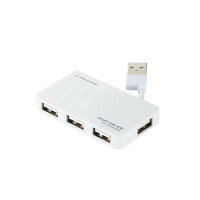 ●ホワイト●ケーブル収納タイプ　●4ポート　●インターフェイス/USB2.0　●電源/バスパワー　●サイズ/約W65×D37.3×H9mm（ケーブルを除く）　●質量/約20g　●最大転送速度/USB2.0:480Mbps（理論値）、USB1...