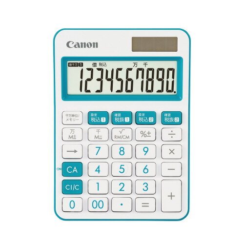●10桁　●表示数字高19mm　●カラー／青　●サイズ／W106×D147×H25mm　●質量／116g　●電源／太陽電池＋リチウム電池（LR44）　●保証期間／1年　●キー／プラスチック　●2種類の税計算　●千万単位／メモリー計算切り替え...