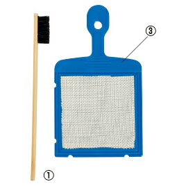 ブラシに絵の具をつけ網の上でこすると絵の具がとんで、ぼかし効果が得られます。●ぼかし金網（網部80mm角）1枚、●材質／ぼかし金網：プラ製e182-843