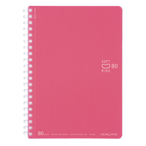 ●中紙/上質紙　●罫線/6mm（ドット入り）　●表紙/表：色透明PP、裏：板紙　●リング/オレフィン系樹脂　●切り取りミシン目入り　●仕様/B6（4号）26行　●色/ライトピンク　●ドット入りB罫k6649-7899