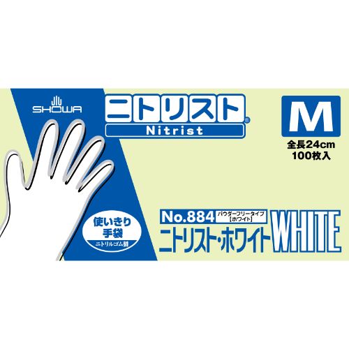 強度面重視のホワイトタイプ。●サイズ：M●厚［mm］：約0．1●全長［mm］：約240●中指長さ［mm］：約81●粉：無●食品衛生法適合：有●材質：ニトリルゴム●色：ホワイト●使いきり：○●食品衛生法に基づく、食品、添加物等の基準（昭和34...