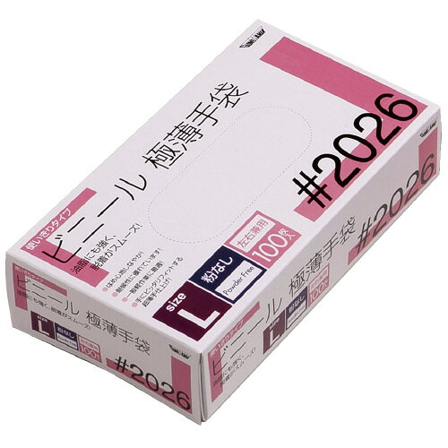 耐候性に優れ、油脂にも強い。●厚[mm]：約0.08●サイズ：L●全長：約240mm●中指長さ[mm]：約85●手のひら周り：約210mm●掌幅[mm]：105±4●粉：無●食品衛生法適合：無●色：透明●材質：ポリ塩化ビニル●1箱入数：10...