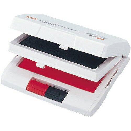 1台2役の2段式。手前のボタンで印面がワンタッチで開閉できて手が汚れない。省スペース設計。●外寸法/幅115×奥行105×高さ28mm●盤面寸法/タテ54×ヨコ93mm●インク色/黒＋赤●サイズ/中形●補充インク油性顔料／SA−30クロ、S...