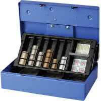 デスクの引き出しで管理できる薄型手提げ金庫です。上面操作によりスムーズな開閉が可能。上蓋と連動する自立トレーは硬貨の出し入れに便利です。トレーの下は3種類の紙幣が収納できます。●サイズ/A5●カラー/ブルー●寸法/幅275×奥行180×高さ...