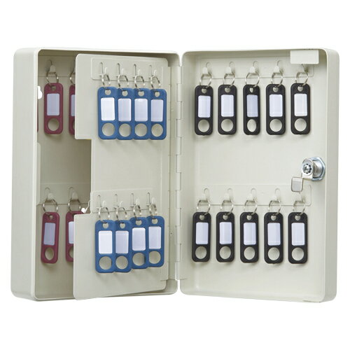 ●収容数：38個吊●外寸：幅170×奥80×高250mm●キーホルダー窓枠寸法：縦22×横13mm●材質：本体＝スチール，キーホルダー＝PP●キーホルダー38個，取付ネジ3個，コンクリート用プラグ3個，鍵2個o34656