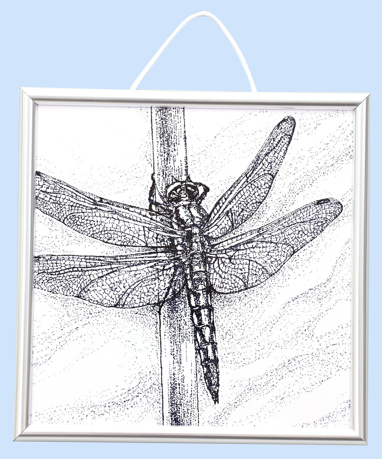 ■コピーした紙の上に透明板を置いて油性ペンを使って、点描画をします。画紙用透明板 150×150×0.2mm×1、\n画用紙 150×150mm×1、\nメタリックフレーム 150×150mm 穴あき×1、\n白ひも×1、\n透明板×1、\...