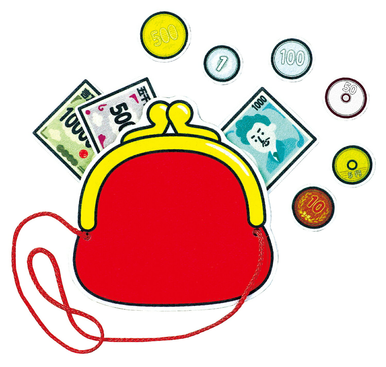 お金の練習にぴったり！商品サイズ／がま口：140×135mm、硬貨：φ27〜31個重量／25g材質／フェルトセット内容／レジ（本体、バーコードリーダー）×1、ケーキ×1、ドレス×1、ぬいぐるみ×1、おかし×1、ロボット×1、ぶんぼうぐ×1、...