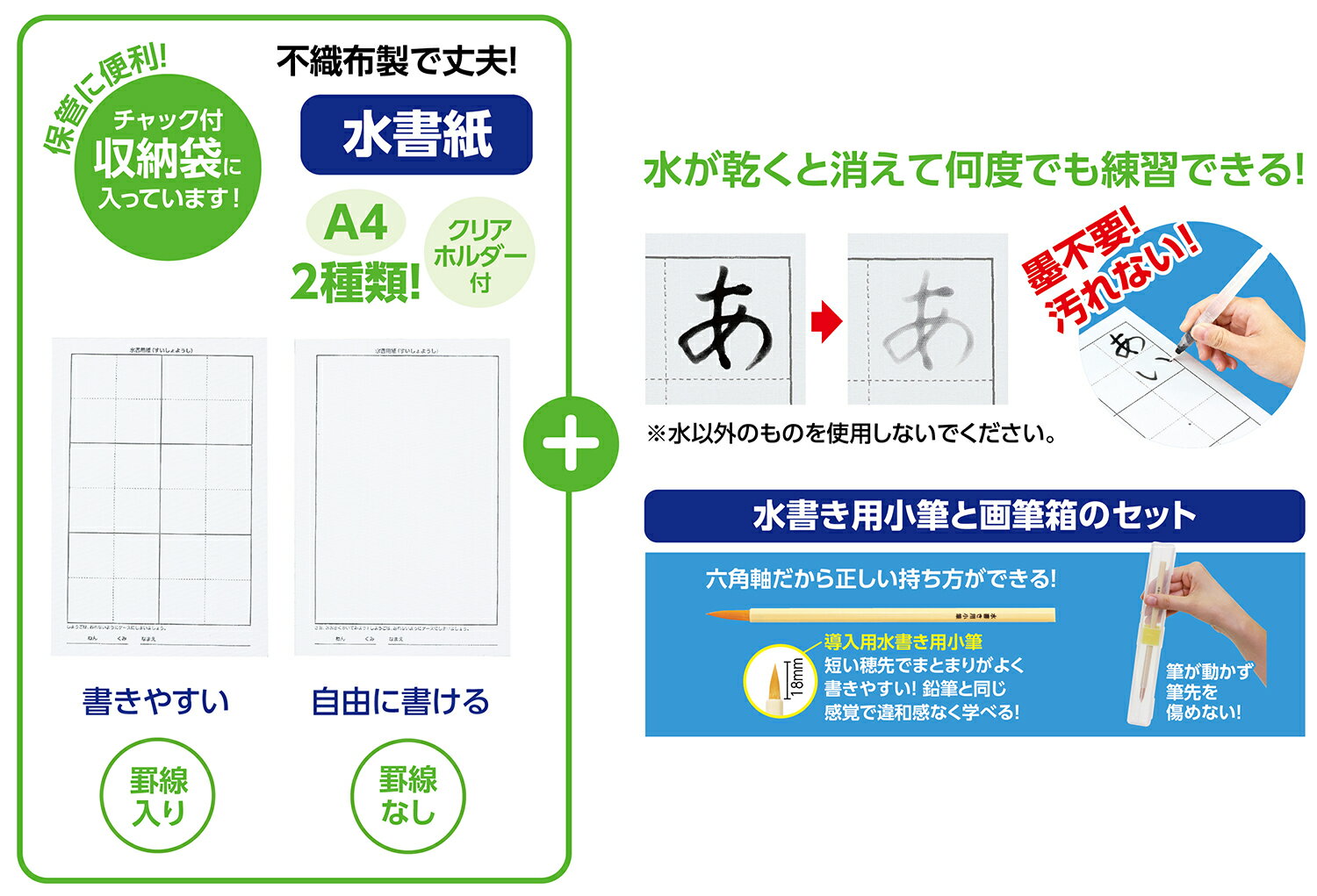 運筆力の向上に役立つセット！商品サイズ／水書紙：297×210mm、導入用水書き用小筆：軸径8×全長160mm（穂長18mm）、画筆箱：250×30×20mm、クリアホルダー：A41個重量／93g材質／水書紙：不織布セット内容／水書紙（罫線...