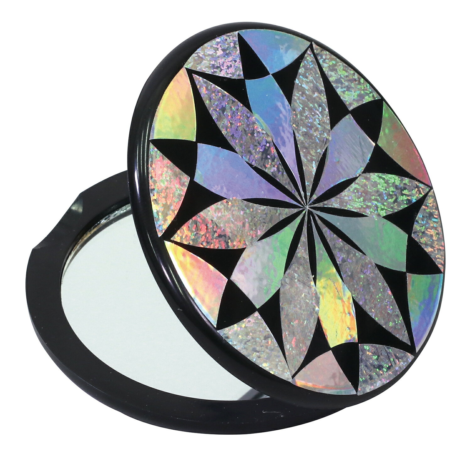 片面通常鏡、片面拡大鏡になっていますので、実用的な作品が作れます。 商品サイズ／φ69mm（鏡φ58mm）1個重量／g材質／セット内容／●コンパクトミラー 黒本体 φ69mm（鏡φ58mm）×1 ●らでん調シール 2種セット 132×76m...