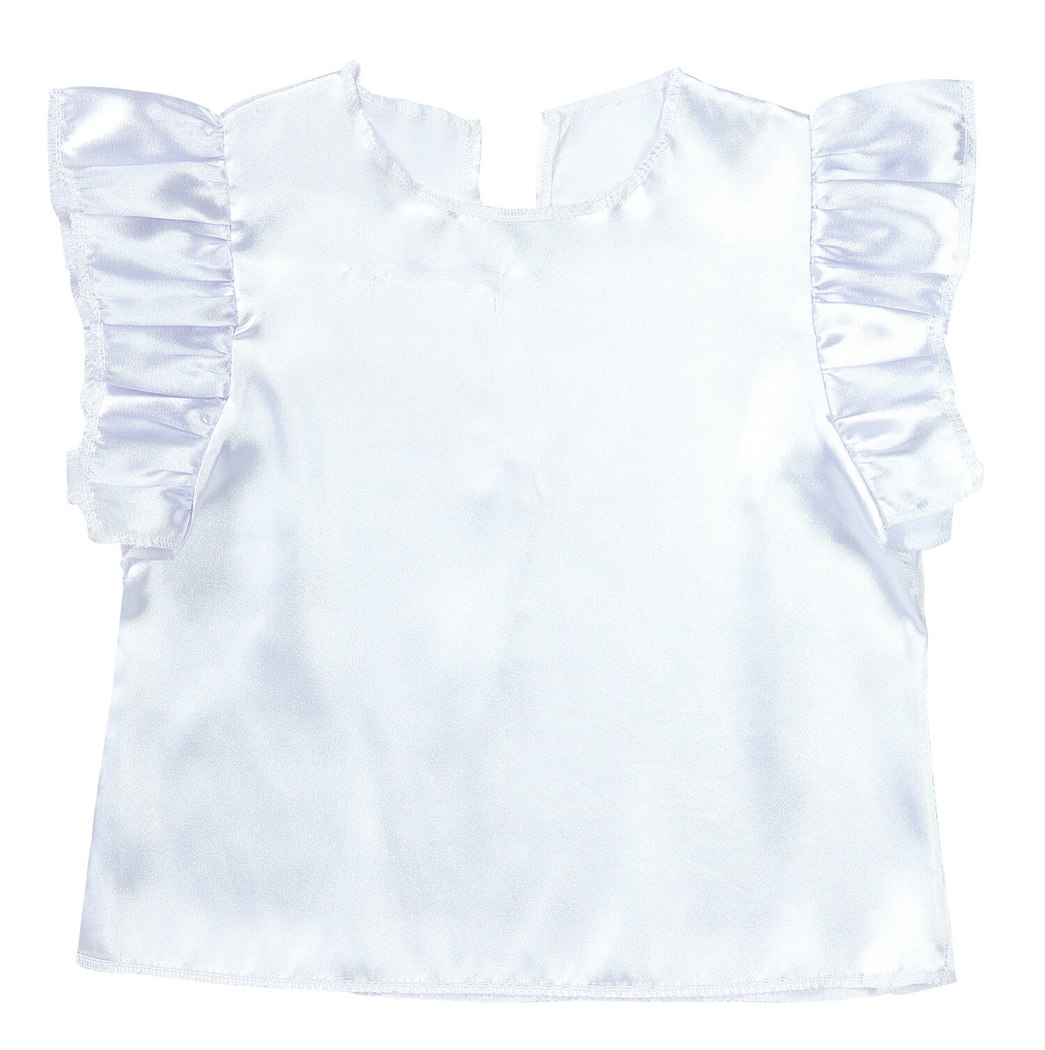 大人気の衣装ベースシリーズのフリル袖のシャツです。演技やダンスなどの衣装に！サテン生地で、肌触りが良く、光沢のある素材です。商品サイズ／着丈：400mm、身幅：380mm1個重量／40g材質／ポリエステルセット内容／本体のみ1個梱包形態／袋入り