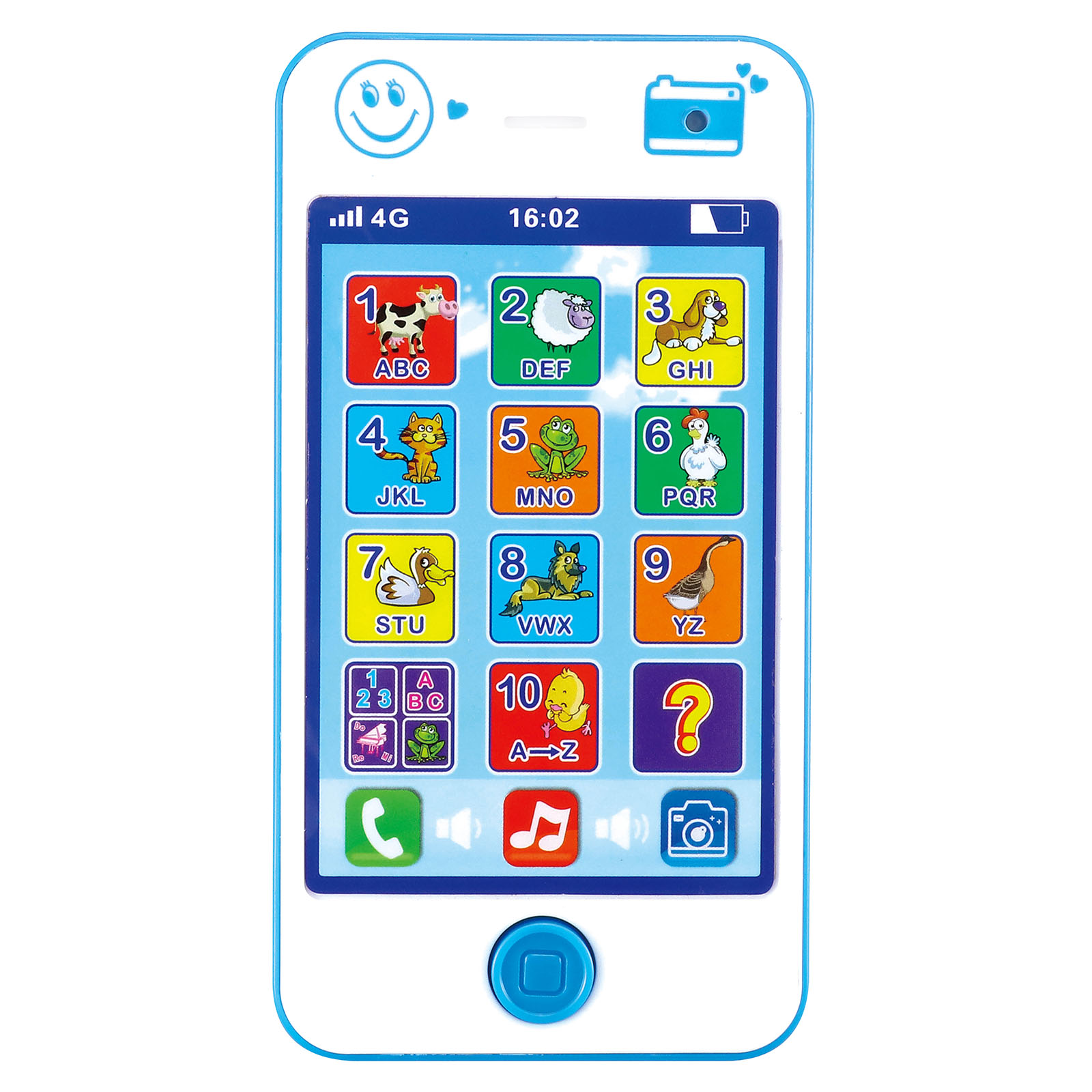 カメラやクイズなどいろいろなボタンに連動した機能があるので、たくさんの遊び方ができるスマートフォン型のオモチャ商品サイズ／65×160×15mm1個重量／69g材質／ABSセット内容／本体のみ1個梱包形態／ヘッダー付ブリスター