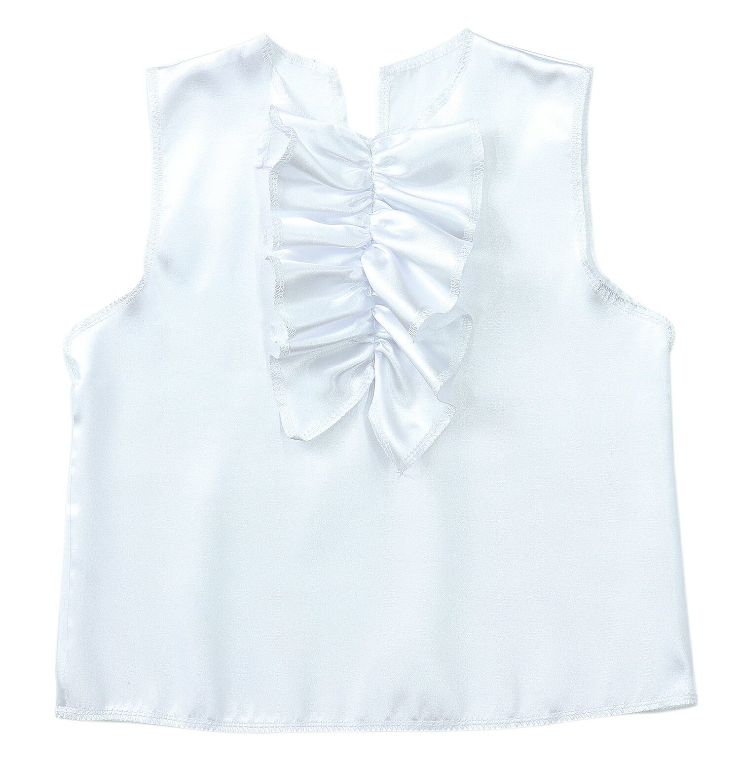 ひらひらの前フリルがついたかわいいソフトサテンシャツです。演技やダンスなどの衣装に！サテン生地で、肌触りが良く、光沢のある素材です。商品サイズ／着丈：400mm、裾幅：380mm1個重量／36g材質／ポリエステルセット内容／本体のみ1個梱包...