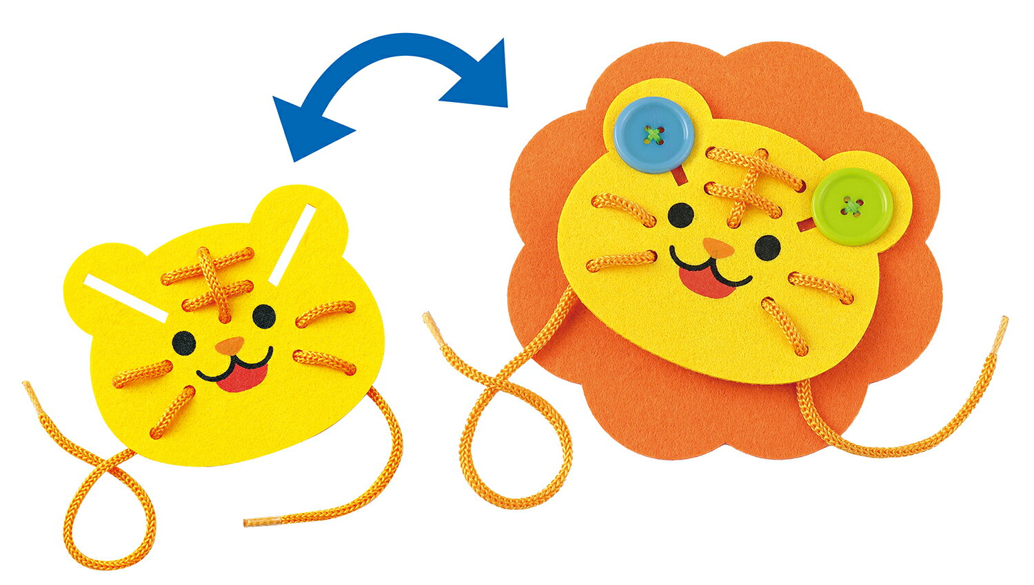 ボタンをかけたり、ひも通しで指先のスキルアップになります。商品サイズ／完成サイズ：140×140×2mm1個重量／14g材質／フェルト：ポリエステル、ひも・ボタン：ナイロンセット内容／フェルト×2、ひも×11個梱包形態／袋入