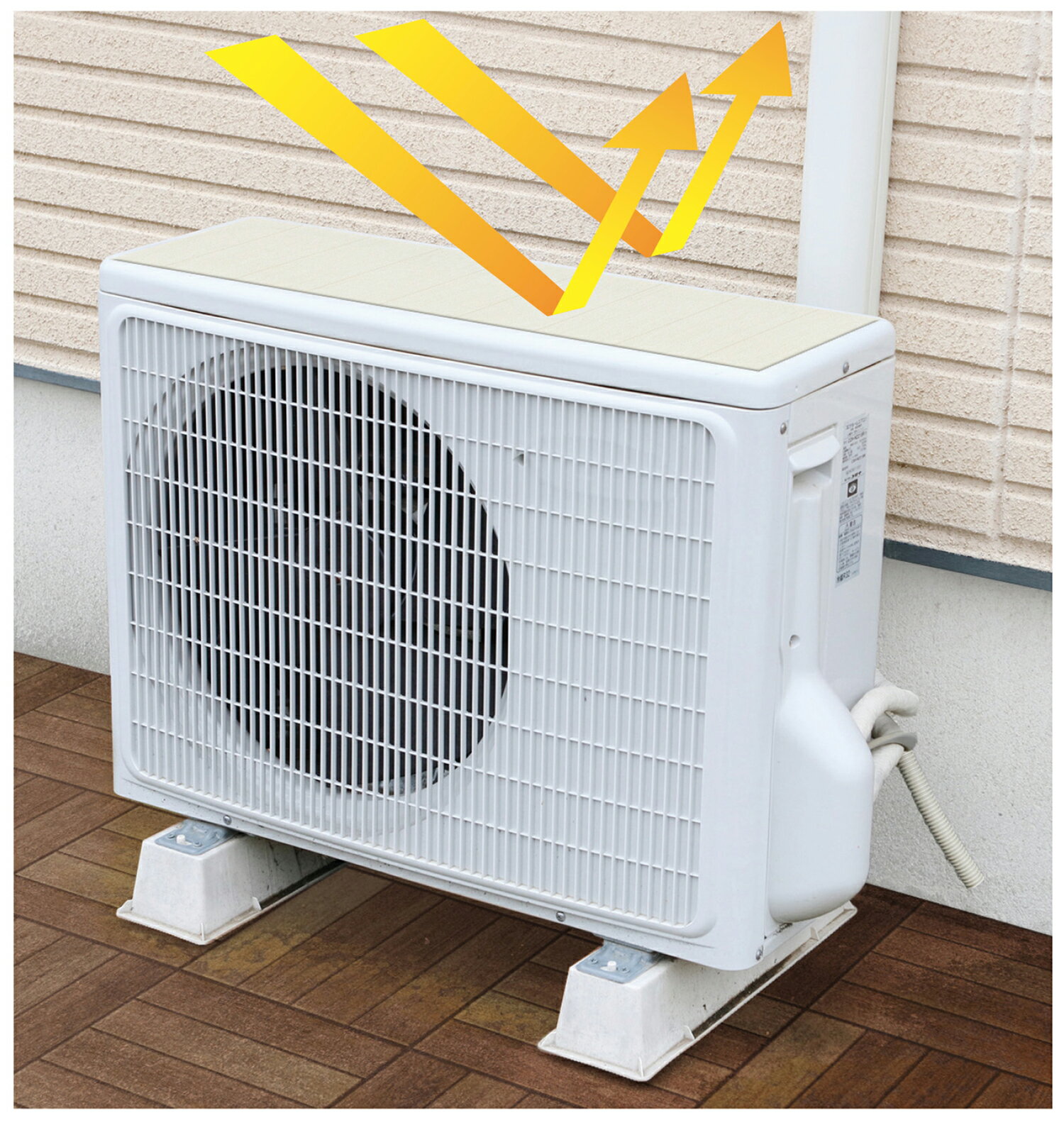 遮熱効果のある室外機用のシート！遮熱効果：約24度。取付用マグネット8枚入り。日本製。2枚入り商品サイズ／約320×430mm1個重量／700g材質／塩化ビニル樹脂、ガラス繊維セット内容／2枚入り1個梱包形態／袋入り