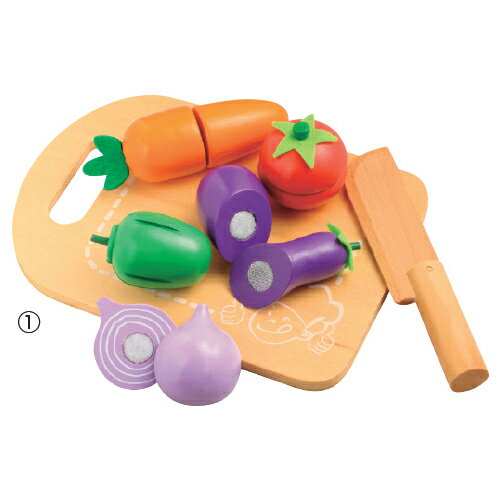 まな板と包丁でザクザク切ろう！●内容／（1）まな板、包丁、にんじん、ピーマン、なす、たまねぎ、トマト×各1（2）まな板、包丁、りんご、洋ナシ、バナナ、スイカ、オレンジ×各1●サイズ／パッケージ：20×14.5×9cm●重量／（1）402g（...