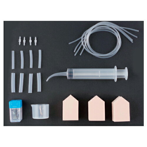 アジサイなどの葉に1枚ずつつなぎ、蒸散を確認するためのセット●内容／チューブ（太・中・細）各4本、ジョイント4個、斜めノズル注射筒、ビーカー（5ml）、鉛筆削り、パフ3個、収納ケース※ワセリンは別途ご用意ください。e127-615