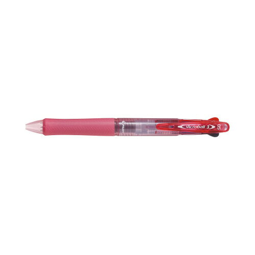 ●なめらかボールペン、アクロボールの3色ボールペン。●書き出しからしっかり濃い。　●ボール径／0．5mm●インク色／黒・赤・青●油性インク●軸色／クリアソフトピンク●スライドレバー式●リフトクリップ搭載●胴は再生PP・鞘は再生PC、スライド...