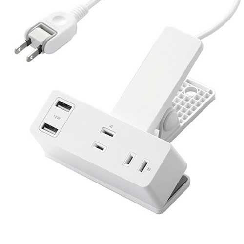 机などに挟んで使えるクリップ機構のUSB-Aポート付き電源タップ。絶縁スリーブ付コネクタ。●外形寸法（幅）(mm)：114●外形寸法（奥）(mm)：149●外形寸法（高）(mm)：70●USBポート数：2ポート●コンセント口数[個口]：3●...