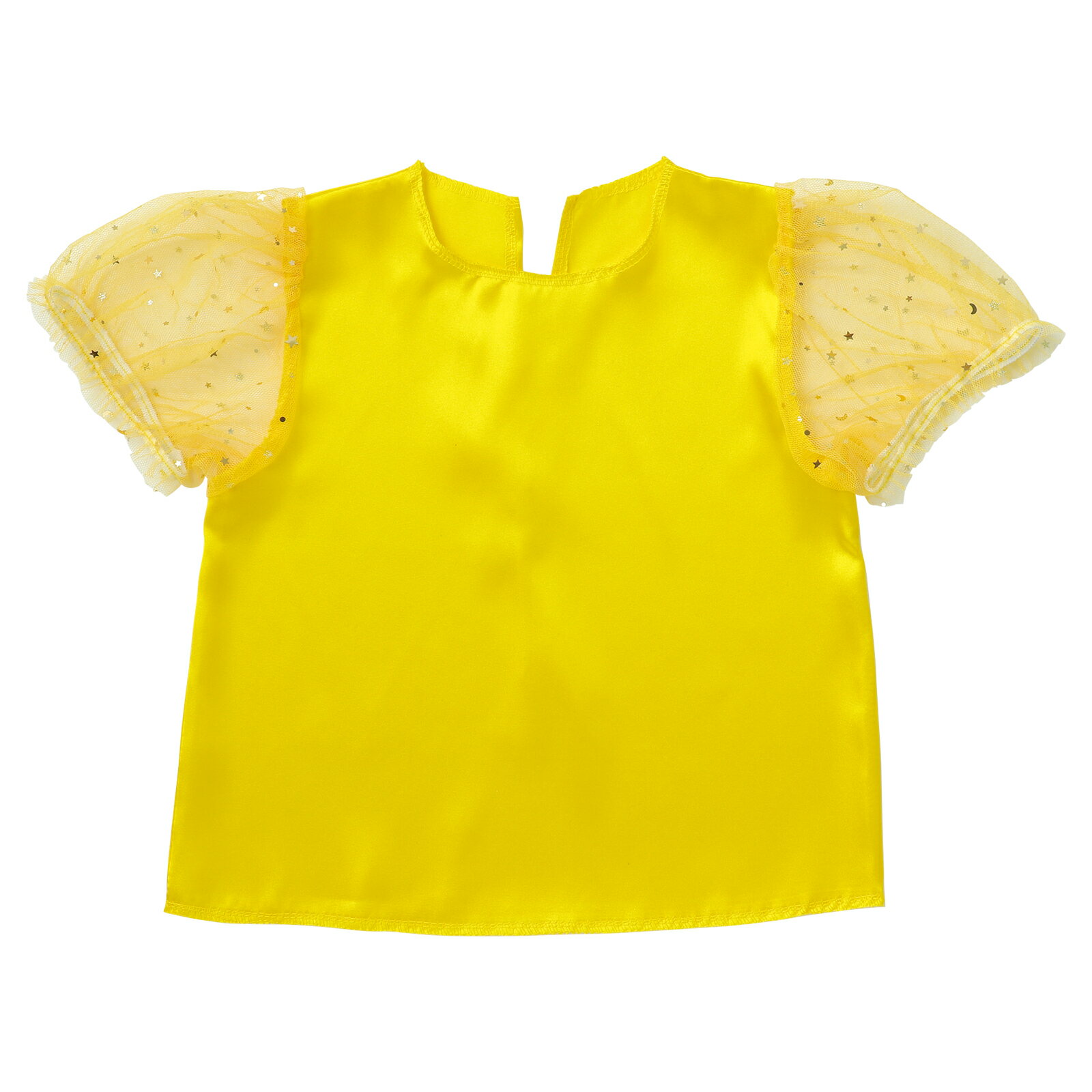 袖部分がレースのパフスリーブシャツです。カラフルなベースなので、バリエーション豊富な衣装作りができます！演技やダンスなどの衣装に！サテン生地で、肌触りが良く、光沢のある素材です。商品サイズ／着丈：約400mm、裾幅：約380mm1個重量／3...