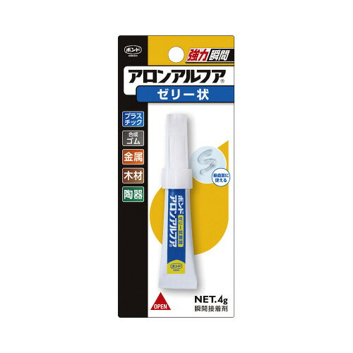●メーカー名／コニシ●商品名／ボンド　アロンアルフア（R）TOP／EXTRA●種別／ゼリー状●容量／4g●液色／透明●対応素材／合成ゴム、プラスチック、木材、陶磁器、金属●※各メーカーの見解に基づいております。※被着体の状況によっては、適合...