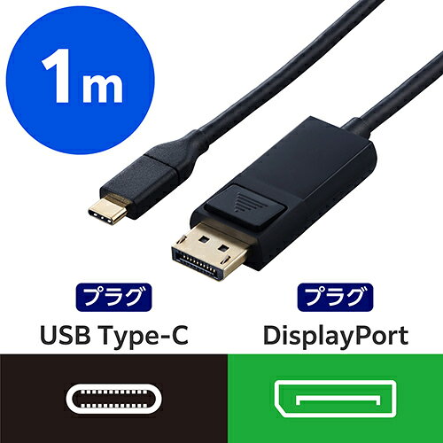 パソコンやスマートフォン、タブレットなどの映像をディスプレイなどに出力できるUSB Type-Cポートを変換するケーブル。●ケーブル長：1m●ケーブル太さ：4.5mm●コネクタ形状：入力端子＝Type-C オス、出力端子＝DisplayPo...