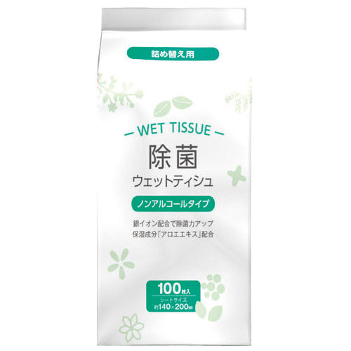 除菌ができて肌に優しいノンアルコールタイプ。●品目：ウェットティッシュー●入数：100枚●タイプ：ノンアルコール●シートサイズ：約140×約200mm●種別：つめかえ用●成分：精製水、プロピレングリコール、ジデシルジメチルアンモニウムクロリ...