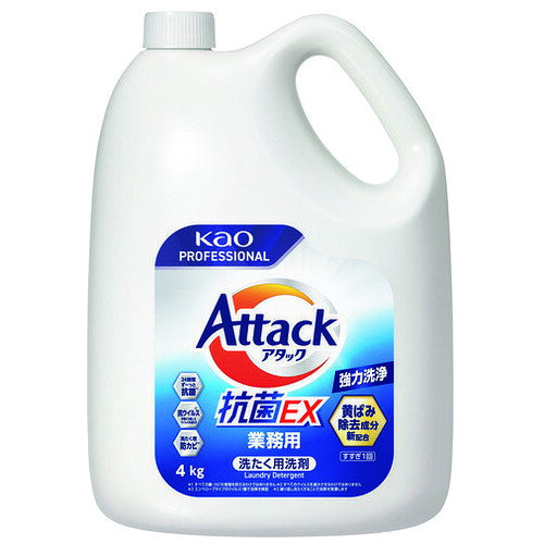 黄ばみ除去成分新配合●内容量：4kg●成分：界面活性剤(17%、高級アルコール系(非イオン))、pH調整剤、安定化剤、酵素、蛍光増白剤●液性：弱アルカリ性●香り：スプラッシュクリアの香り●用途：綿・麻・合成繊維用●品目：衣料用洗剤●品名：洗...