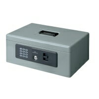 鍵がなくても開けれられる電子ロック式。・規格：M・材質：本体＝鋼板、トレー、前面パネル＝ABS・外形寸法：幅360×奥263×高155mm・内形寸法：幅320×奥210×高118mm（トレー内蔵時／高80mm）・質量：4．4kg・付属品：鍵2本・