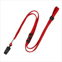 シンプルなストラップ。長さ調整・安全装置。強く引張ると安全装置が働き事故を防止します。・吊り下げ名札・ヒット中・色：赤・ひもの長さ：90cm・ひもの幅：10mm・1パック入数：10本・材質：ループひも＝PET、クリップ＝PC