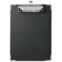 シンプル仕様の用箋挟です。・用箋挟・かど金具付き・フック付・規格：A5−Eタテ・寸法：縦229×横167mm・色：黒・材質：表装＝オレフィン系素材貼表紙、とじ具＝スチール（壁掛け穴付き・角滑り止め付き）