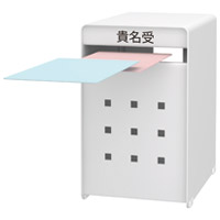 名刺サイズが収納でき、入れた順番どおりに取り出せます。背面をパタンと倒して取り出します。・レジ用品・色：ホワイト・幅80×奥115×高130mm・材質：スチール（粉体塗装）・投入口寸法：幅78×高10mm・付属品：表示シール「貴名受」「診察...