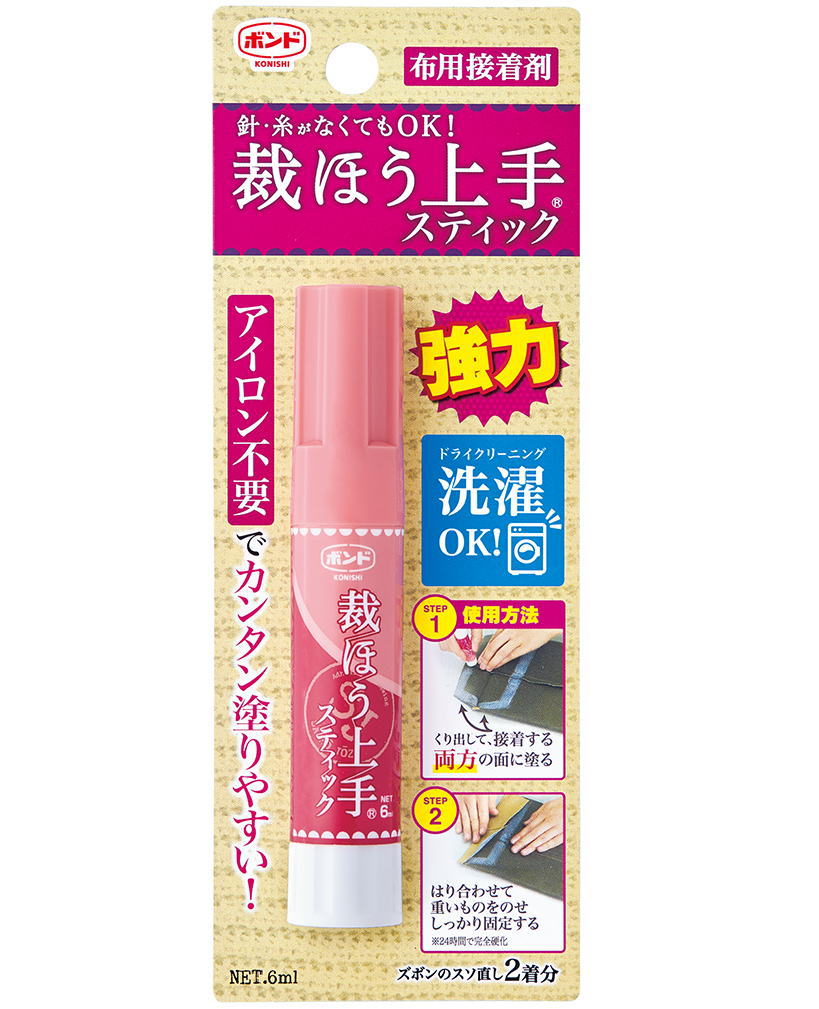 《成分》ウレタン樹脂 (52%)、 水 (47%) 有機溶剤(1%未満) アセトン 《用途》 ●ズボン・スカートなどのスソ上げ直し ●布同士の接着 ●ポーチなどの小物製作 《特長》 ●アイロンなしで強力接着 ●洗濯・ドライクリーニングで も...