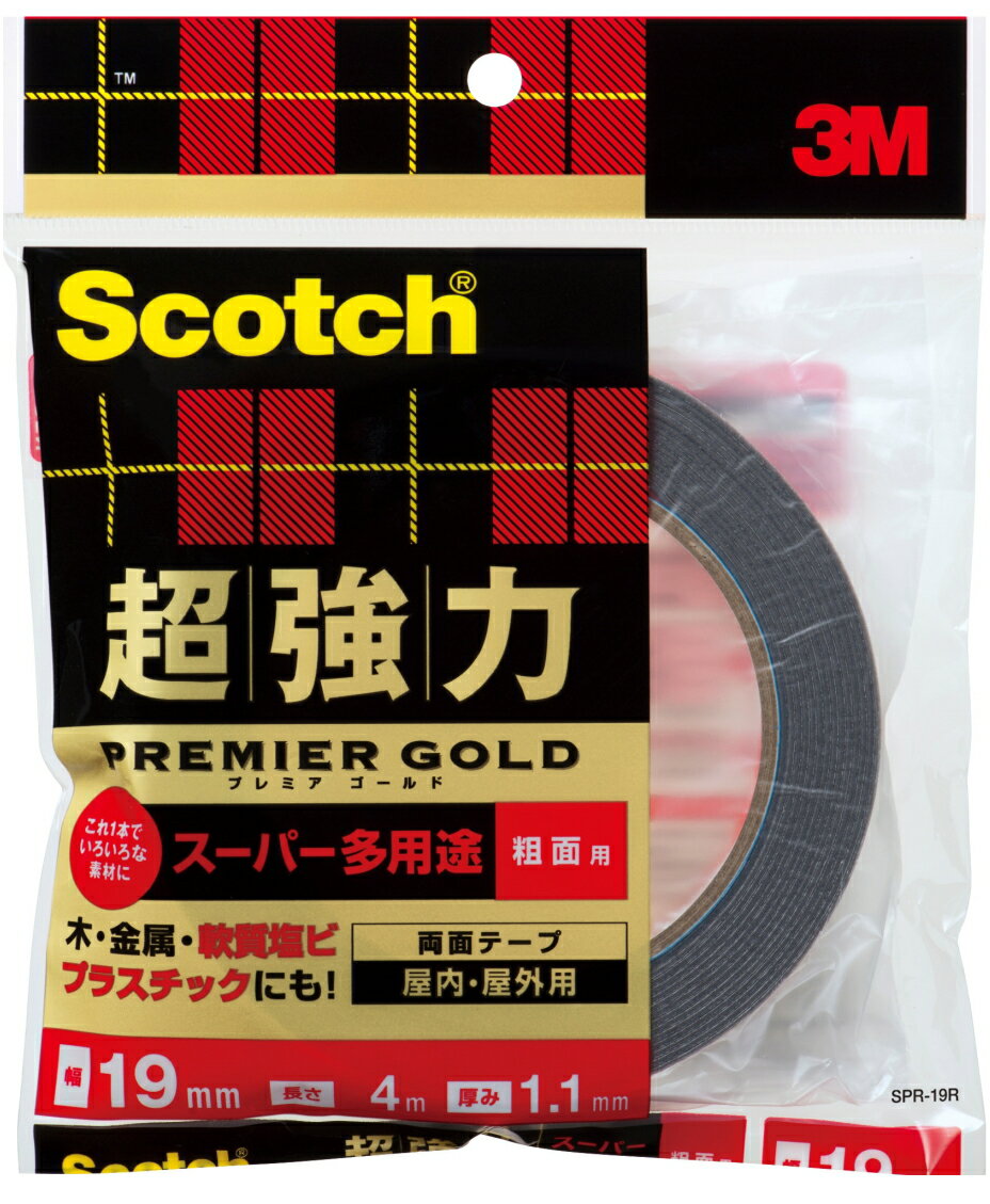 《品番》SPR-19R 《サイズ》幅19mm×長さ4m×厚み1.1mm 《特長》 ●木、金属、塩化ビニール、プラスチック、軟質塩化ビニールやベニヤ・タイルなどの粗面に。 ●多用途に使える粗面用両面テープです。 ●JIS規格＜Z1541＞1種...
