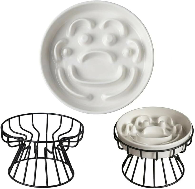 商品コード2brqtg33lp商品名ペットボウル 陶器 早食い防止 餌皿 犬 小型犬 猫 スローフードボウル スタンドセット 肉球型 吐き戻し防止 首や関節の負担軽減 セラミック製 安定感ブランドカロモンテカラーホワイト「早食い防止で健康サ...