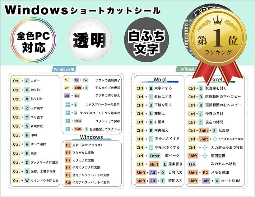 バリエーションコード : 2bru9jj4tl商品コード2bruokh56c商品名ショートカット キー シール 全色PC対応 透明 ステッカー パソコン Windows Excel Word 防水仕様 早見表 キーボード エクセル ワード ...