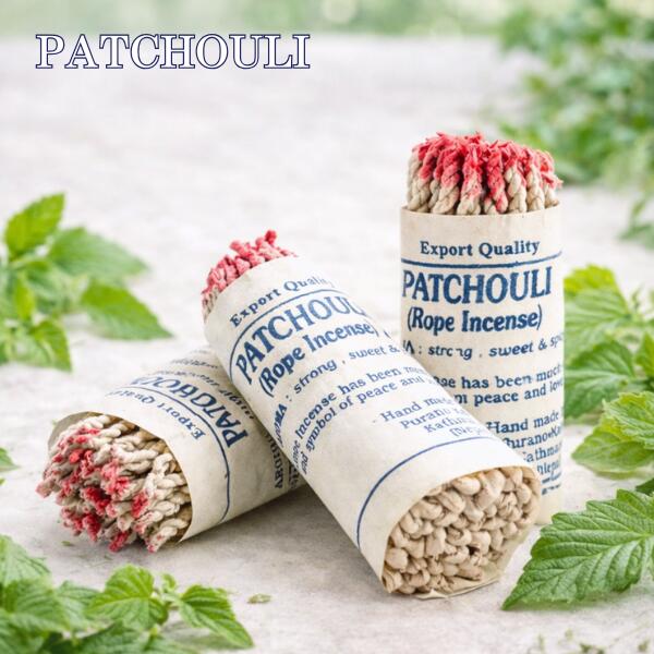 ネパールから直輸入したパチョリ（パチュリ）のロープ香は、職人が伝統製法で一本ずつ丁寧に仕上げたねじり香です。甘さとスパイス感を併せ持つアーシーな香りが、心を落ち着かせ、瞑想やヒーリング、就寝前のリラックスにも最適。ロープ状に編むことでゆっく...