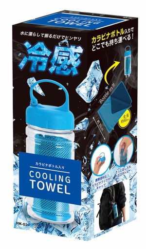 濡らして振るだけでヒンヤリ カラビナボトル入りでどこでも持ち運べる! 本体サイズ:ボトル/約直径6.8x高さ18.8cm、タオル/約幅20x長さ60cm 素材:ボトル/PET、フタ:ポリプロピレン、タオル/ポリエステル100% 生産国:中国