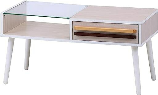 引き出しがアクセントのディスプレイセンターテーブル サイズ:幅80x奥行43x高さ42cm 本体重量:11.6kg 素材・材質:5mm強化ガラス/合成樹脂化粧繊維板(塩化ビニル樹脂)、【引出前板】一部天然木/合成樹脂化粧パーティクルボード(...